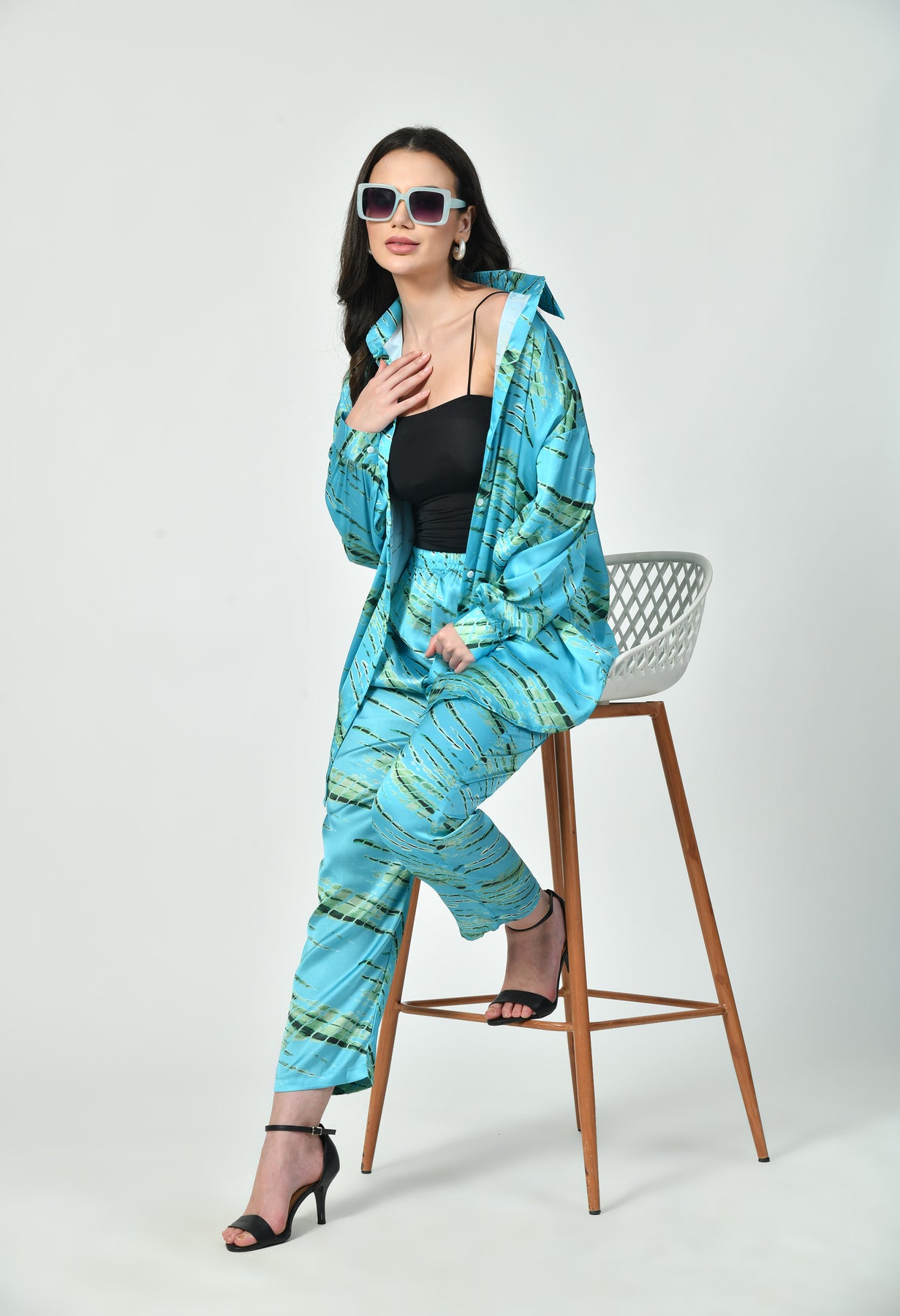 Modest Blue Satin Co-Ord Set for Women | Abstract Print 2 Piece Set by ...